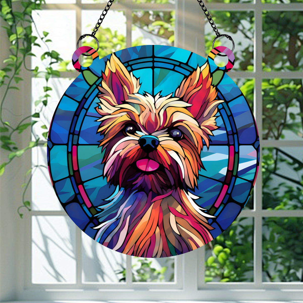 Yorkie stained glass dog